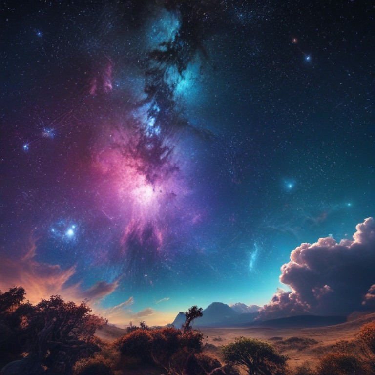 Stunning Cosmic Landscape with Colorful Nebulae and Starry Sky at Dusk