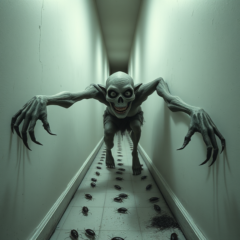A Sinister Creature Crawls Through a Dark, Eerie Hallway Filled with ...
