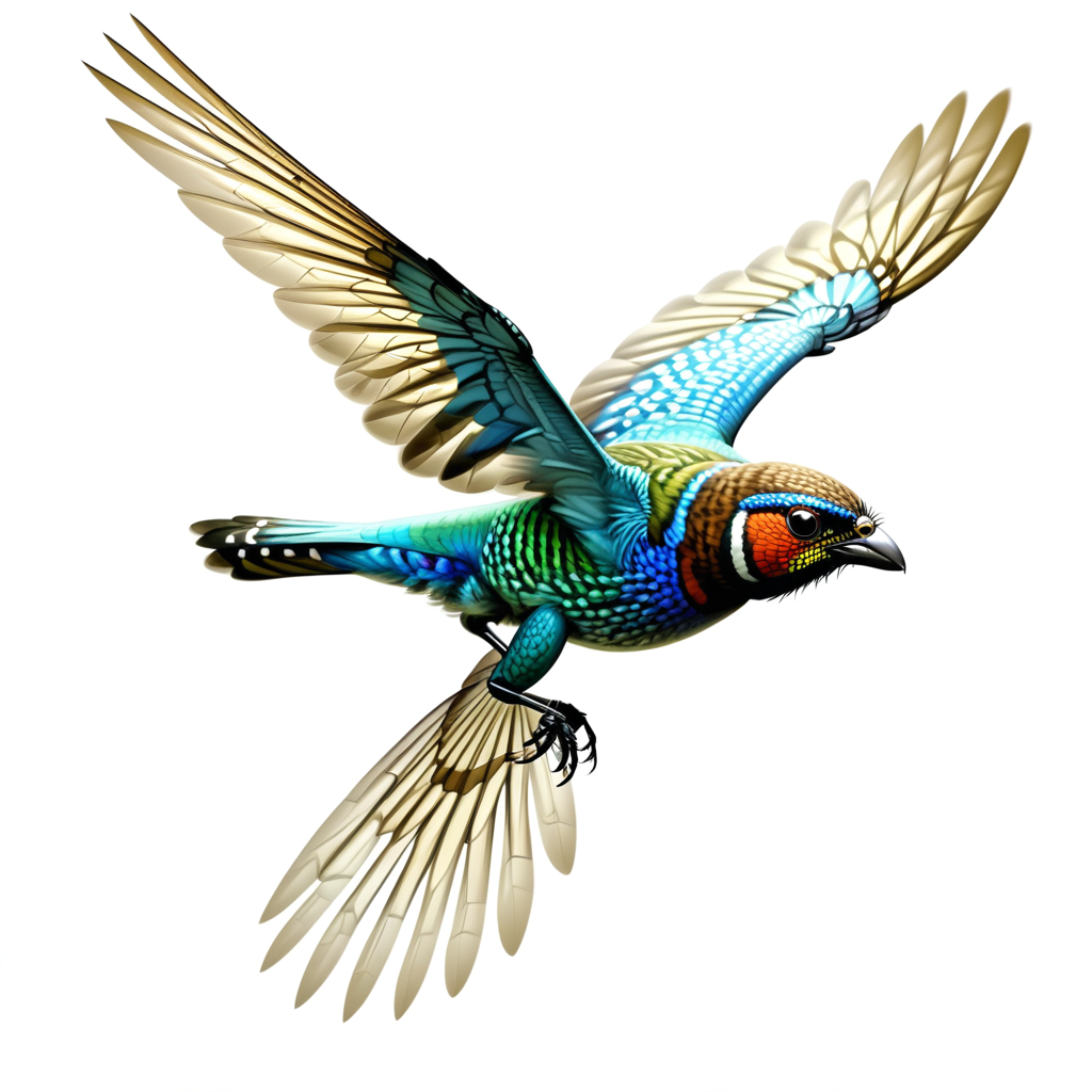 A Vibrant and Colorful Bird in Mid-Flight Against a White Background