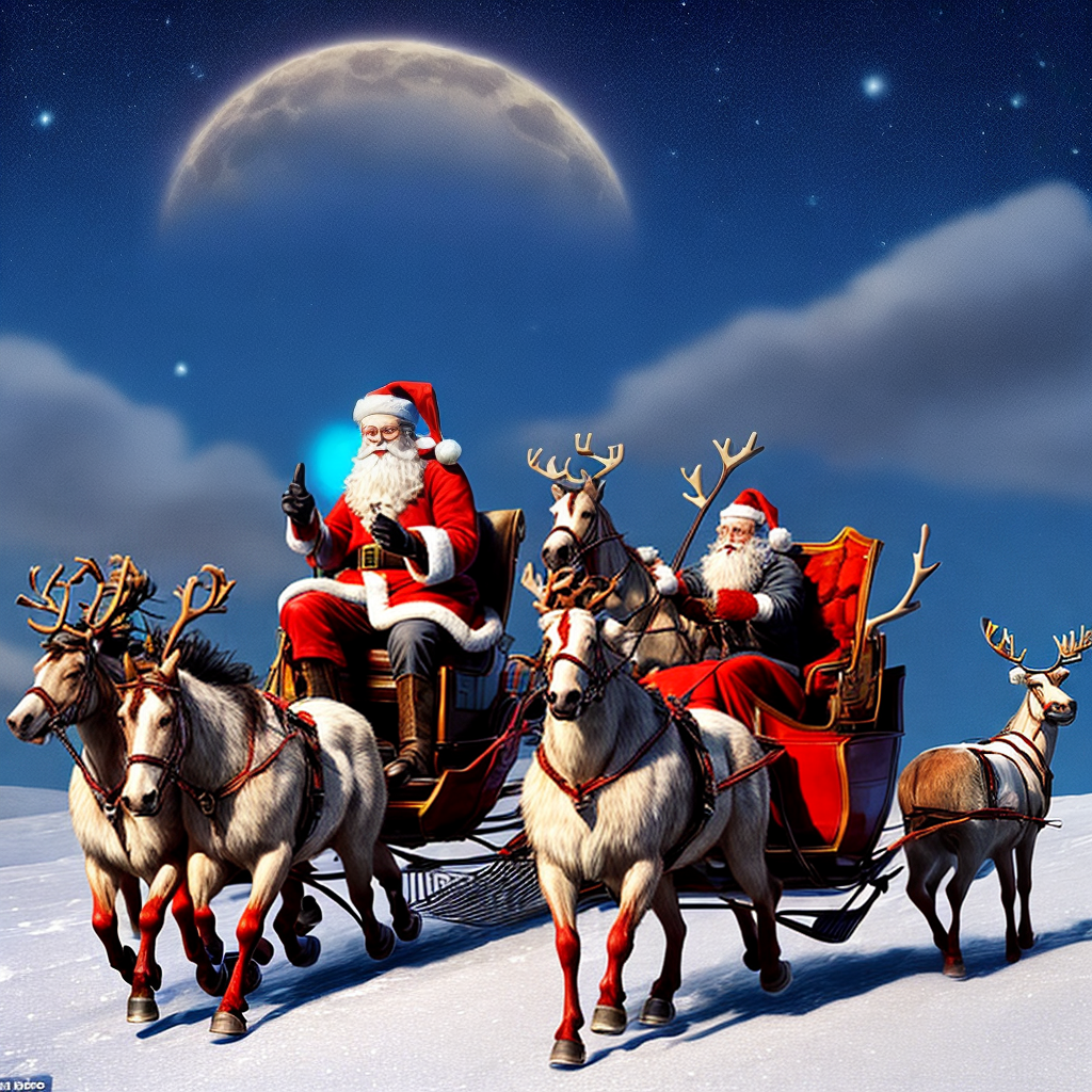 dramatic way of santa on his sled with reindeers by night