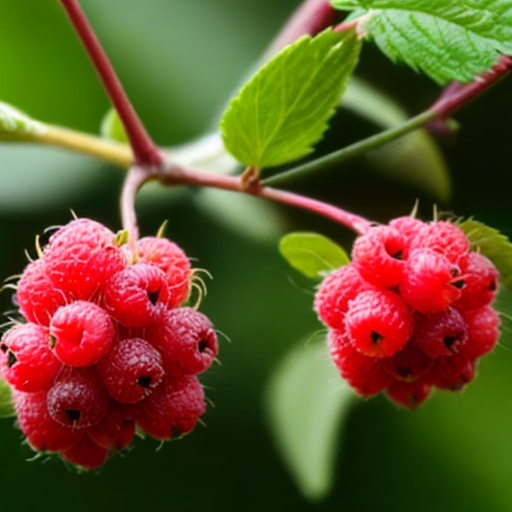 Dense Bright Forest with Raspberry plant with large visible berries