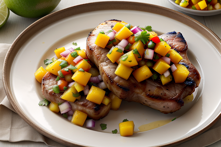 Grilled Pork Chops Topped with Fresh Mango Salsa and Colorful Vegetables
