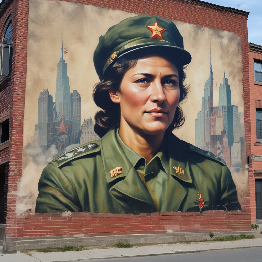 faded and worn Soviet military power style propaganda mural on a ...