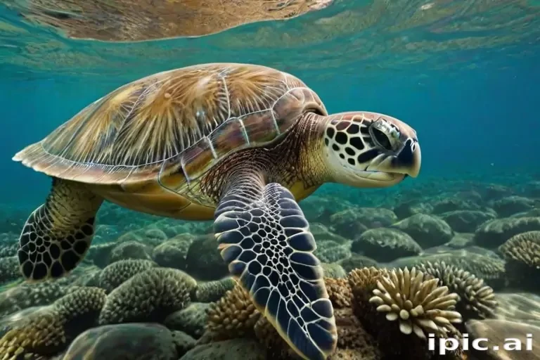 A Majestic Sea Turtle Gracefully Swimming Through Vibrant Coral Reef Waters