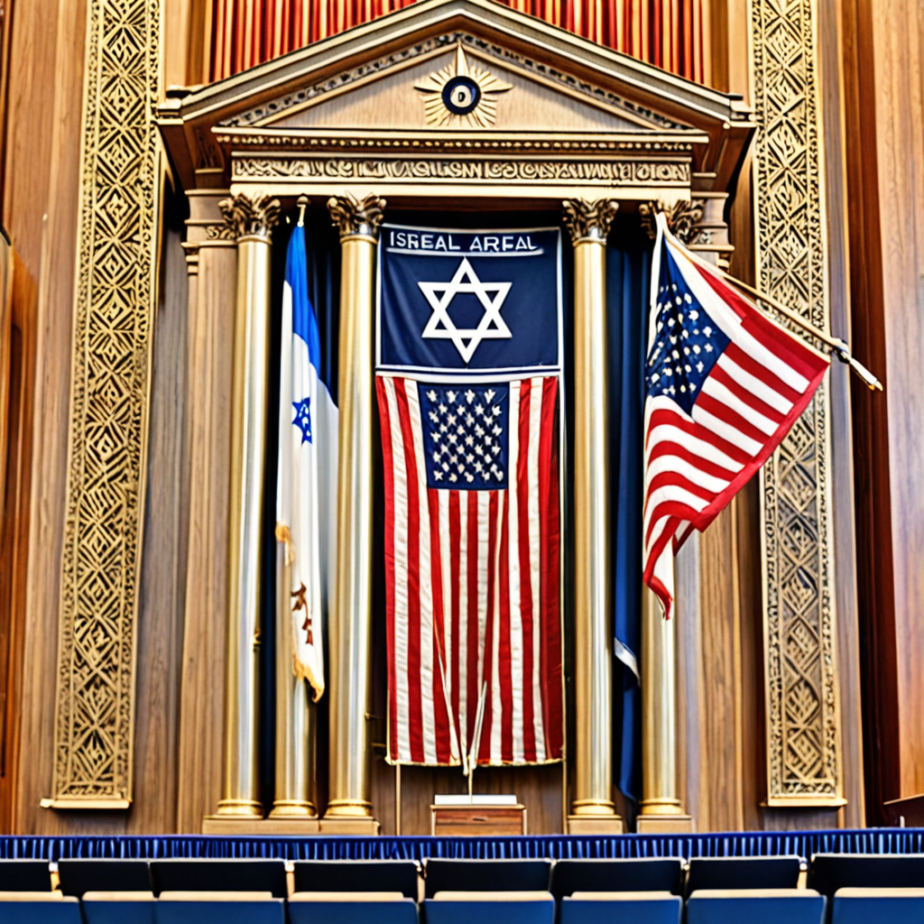 close up of synagogue bimah with israel and american flags