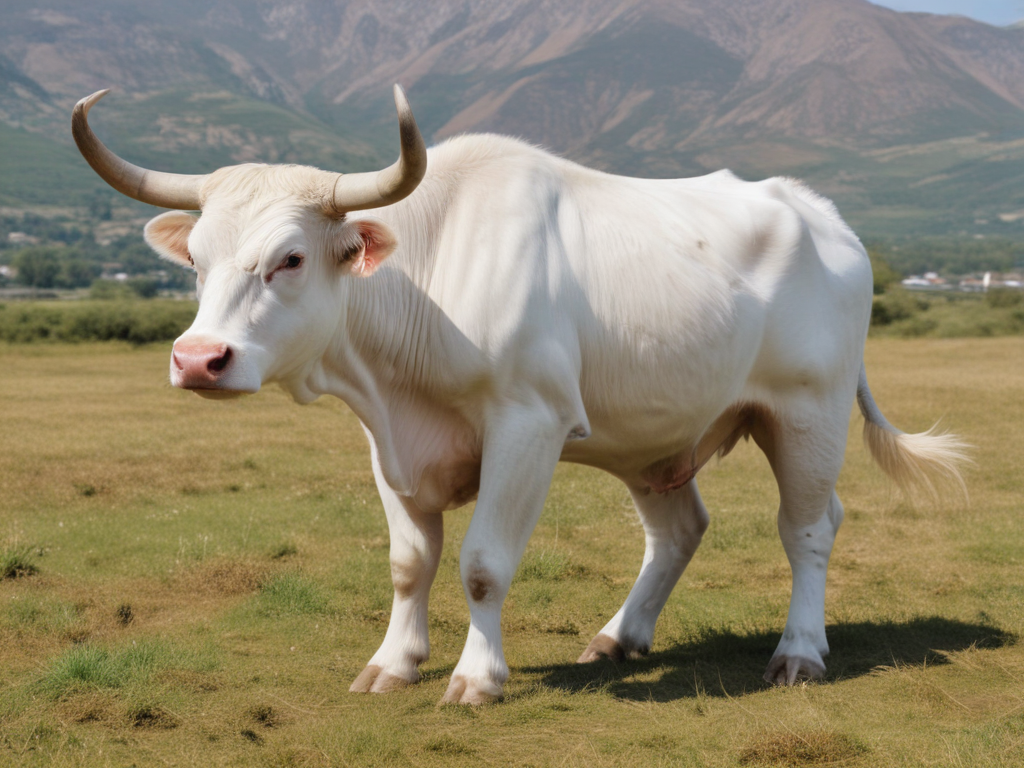 A White bull, staying bipedal with a staff in the right hand