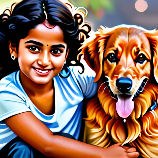 a happy bubbly Punjabi sikh girl with medium curly hairs hug her dog ...