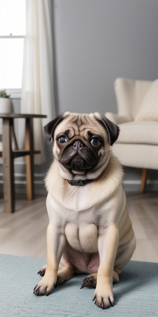 Adorable Pug Sitting Gracefully on a Soft Blue Rug Indoors