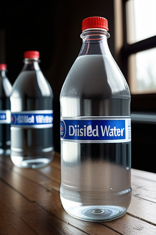 Close-Up of Bottled Distilled Water on a Wooden Table Surface
