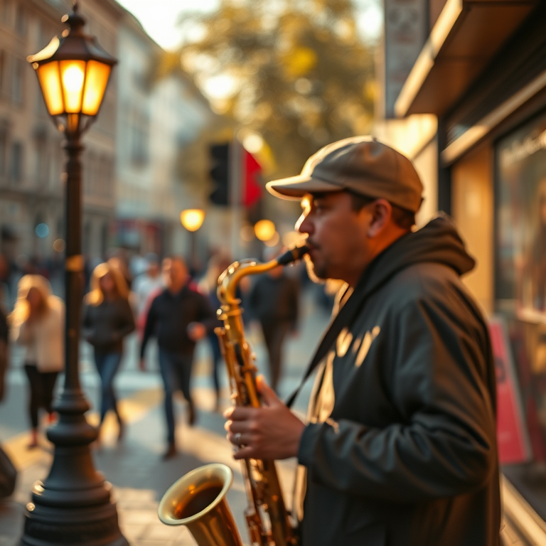 Street Musician Playing Saxophone as People Walk by in Twilight