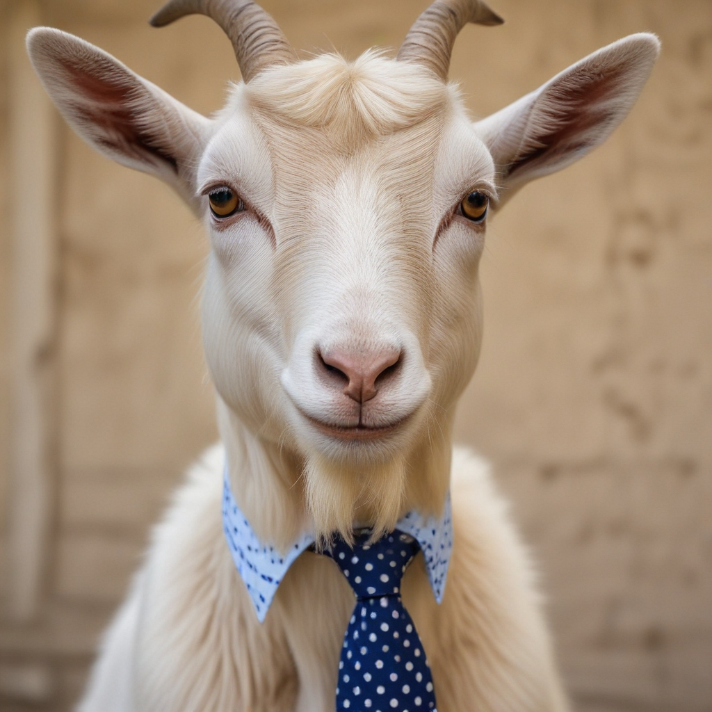 Goat eating a polka dot tie