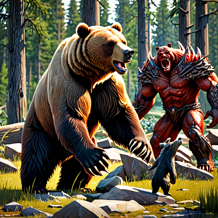 A large grizzlty bear standing over a defeated demon