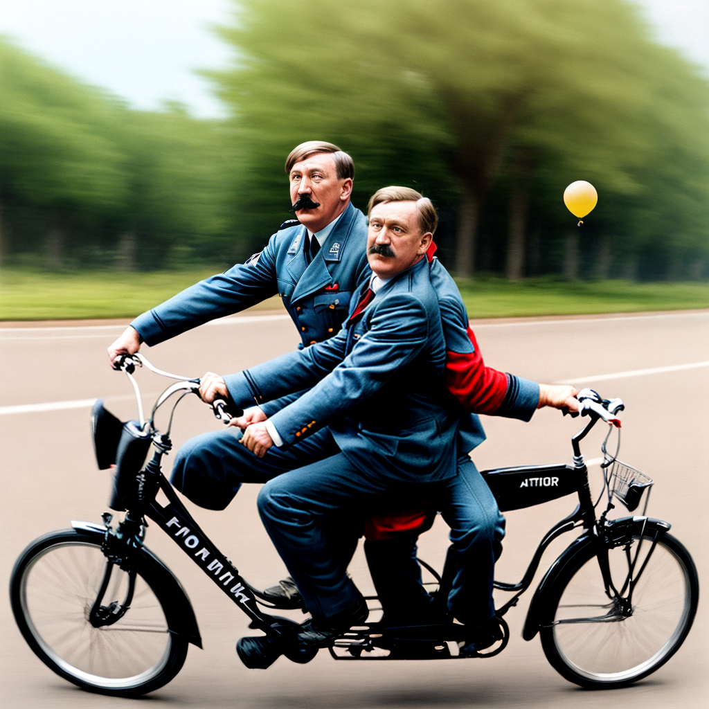 adolf hitler with blond curly blonde hair riding a bike with a baloon