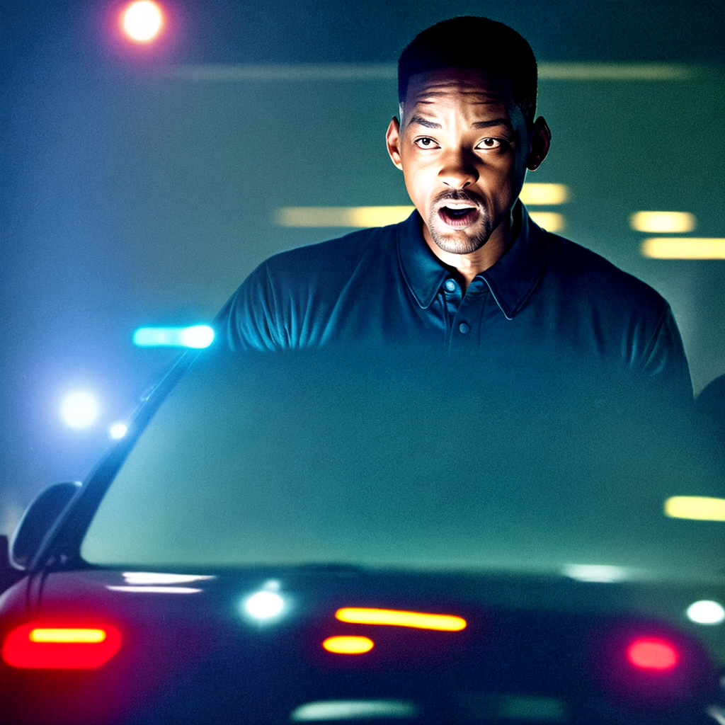 Will Smith in a scene from Drive where Ryan Gosling looks at a hologram
