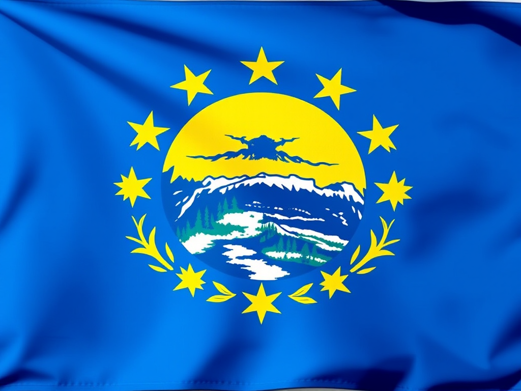 Vibrant Flag Design Featuring Mountains, Sun, and Stars on Blue Background