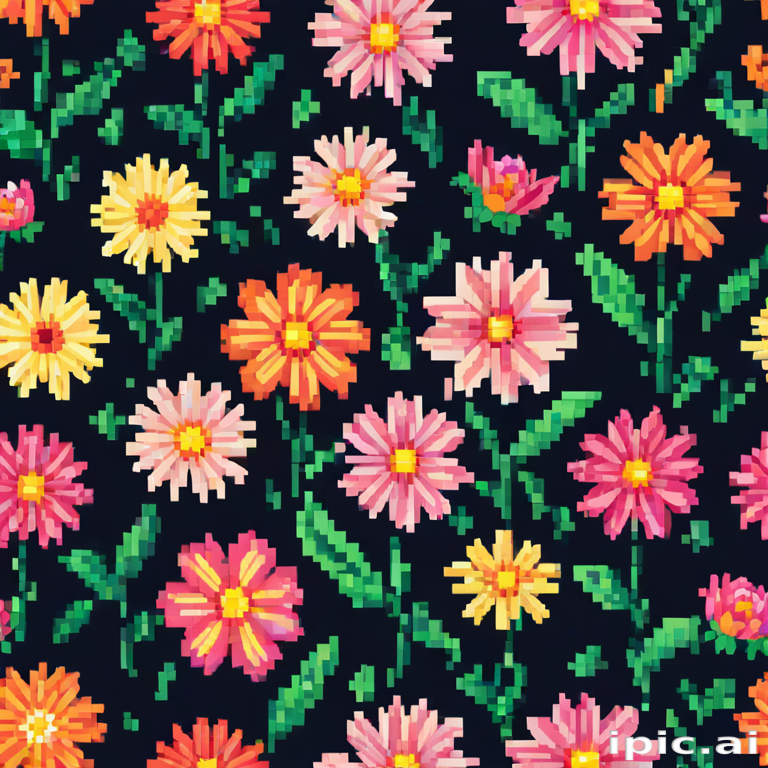 Colorful Pixelated Floral Pattern Featuring Vibrant Flowers on Dark ...