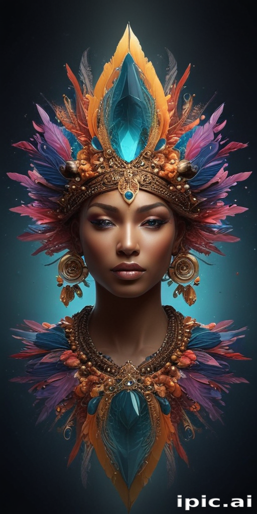 Majestic Portrait of a Woman Adorned with Colorful Feathers and Jewels