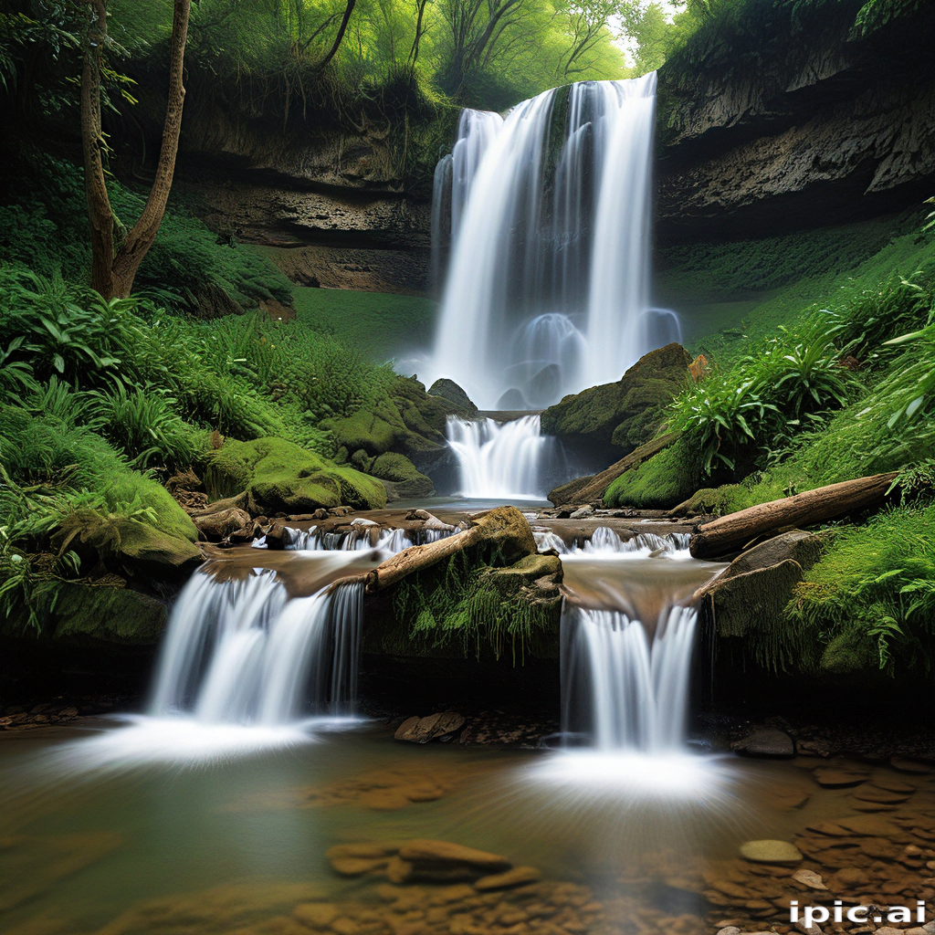 Majestic Waterfall Cascading Down Lush Green Cliffs Surrounded by Nature
