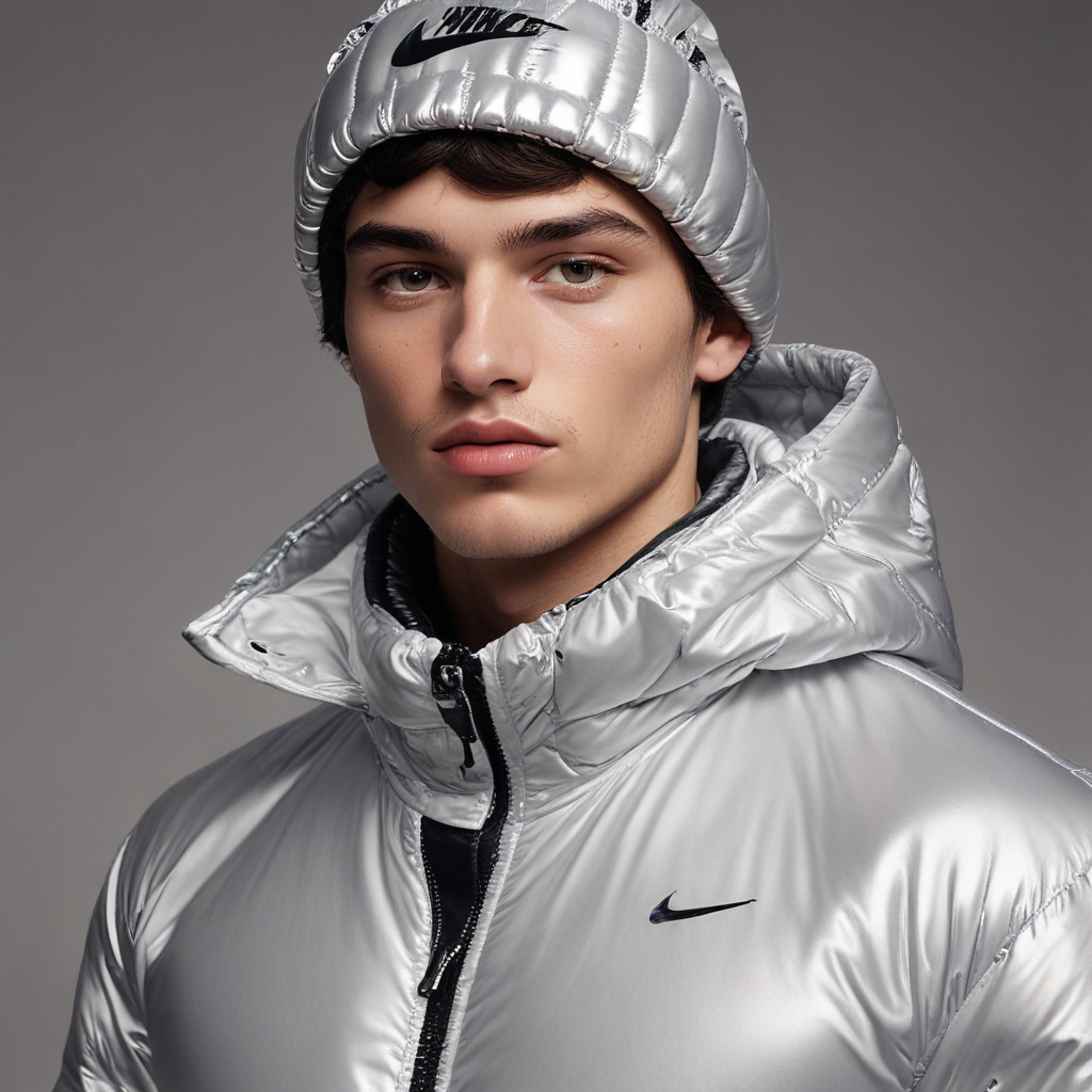 Male supermodel nike shiny puffer jacket bling jewellery hood headband