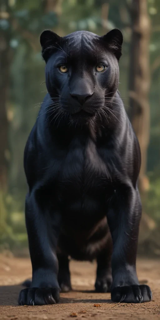 Majestic Black Panther Stands Proudly in a Lush Forest Environment.