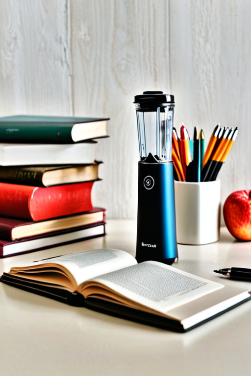 a blender with books, pens, tablets