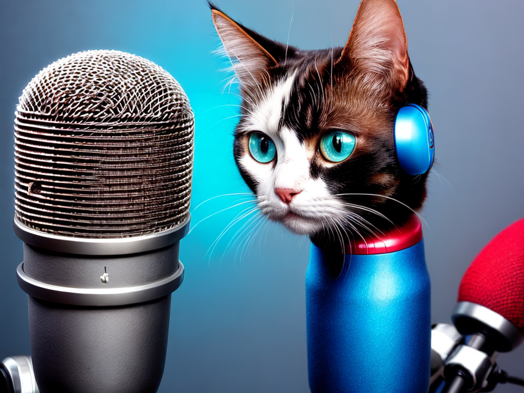 Cat singing into a microphone in a studio with a red white and blue ...
