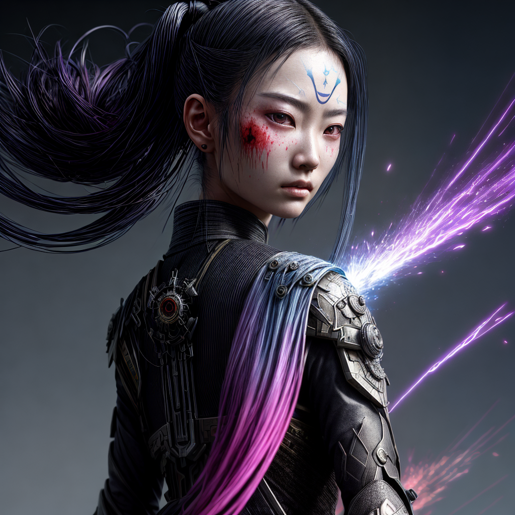 cyberpunk samurai girl in a dynamic pose, dark futuristic orchard field ...