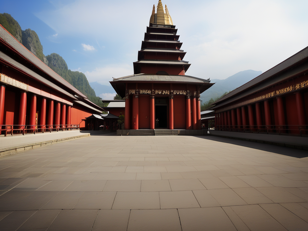 Serene Temple Landscape Surrounded by Majestic Mountains and Clear Skies