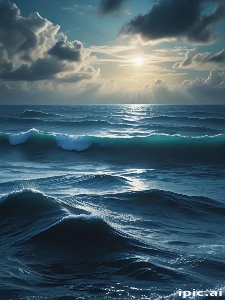 Majestic Ocean Waves Glimmering Under a Dramatic Sunrise and Clouds