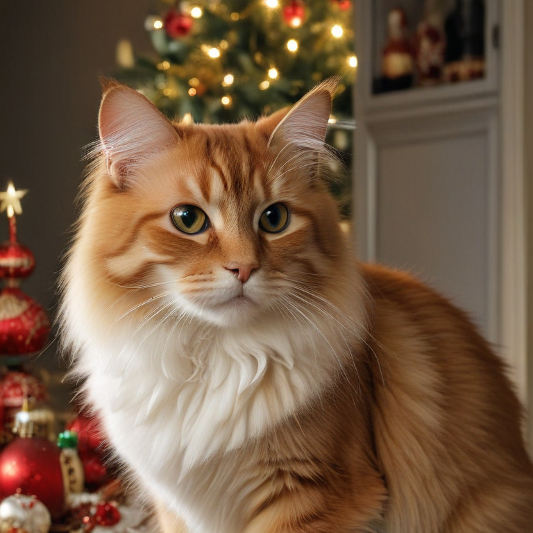Festive Feline: A Majestic Cat Posing Beside a Christmas Tree
