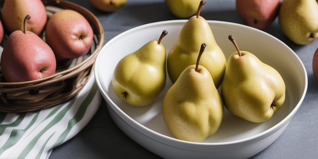 A Fresh Arrangement of Juicy Pears in a Stylish White Bowl.