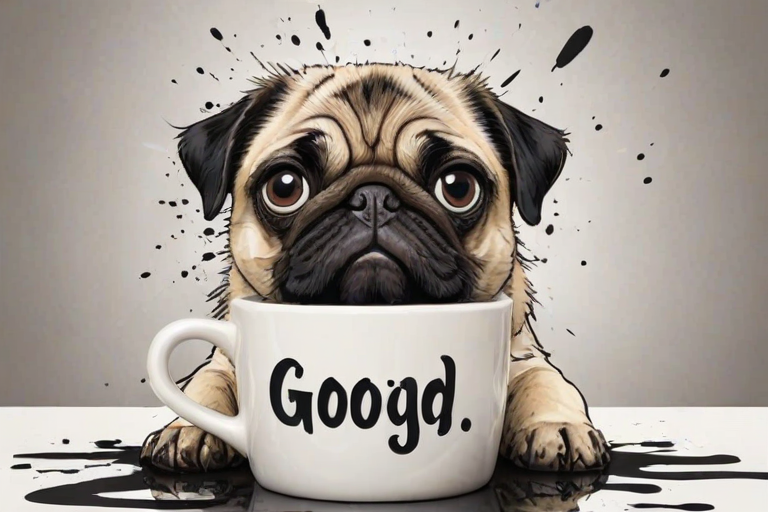 A Cute Pug Dog Enjoying a Cup of Coffee with a Quirky Expression