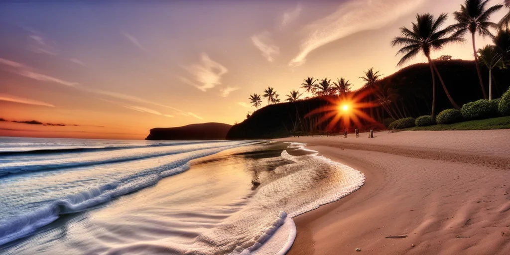 Stunning Tropical Beach at Sunset with Palm Trees and Gentle Waves