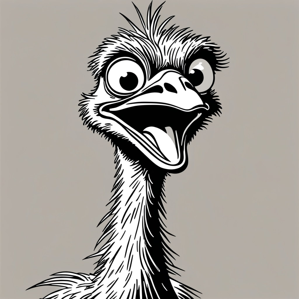simple line drawing of cartoon Pixar style happy, excited emu whole ...