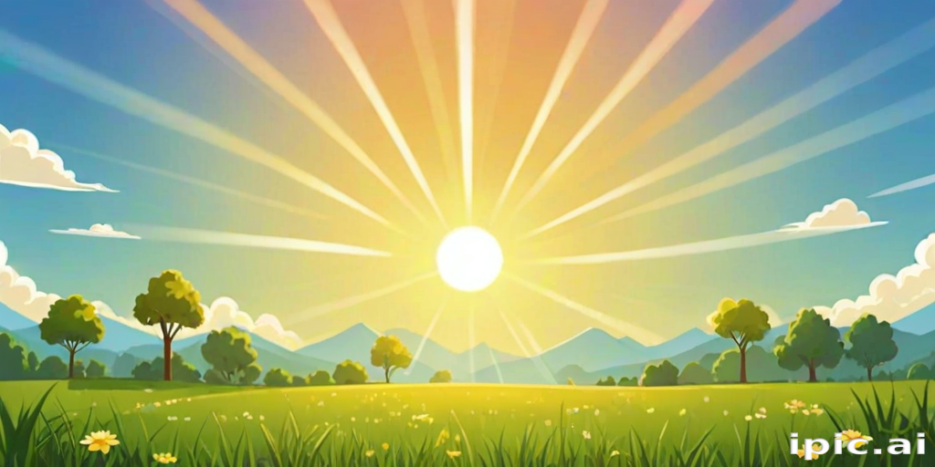 Bright Sunrise Over a Lush Green Meadow with Majestic Mountains Beyond