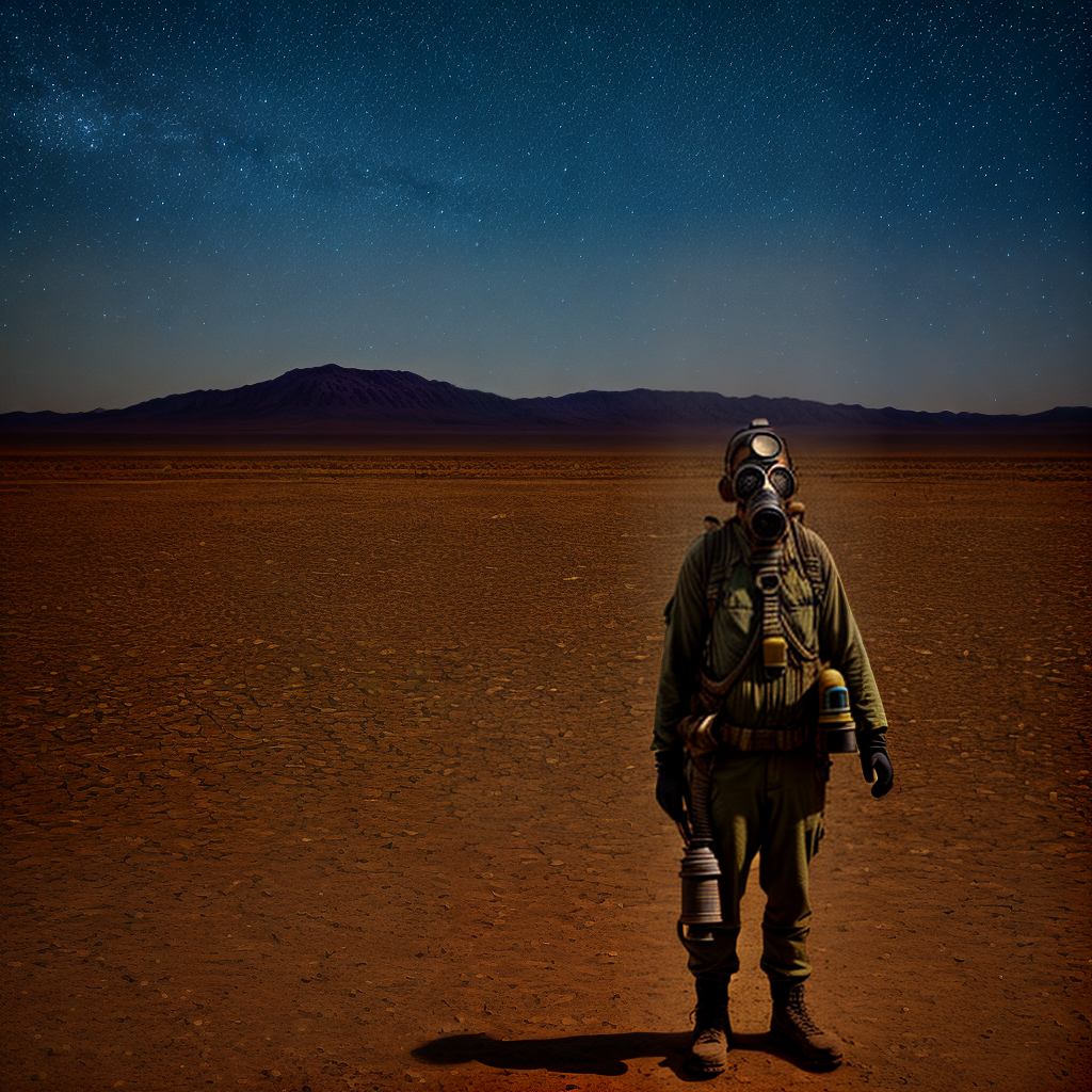 Scientist with a gas mask in a desert at night