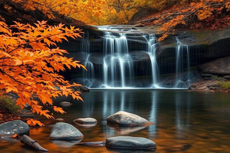 Tranquil Autumn Scene Featuring Cascading Waterfall Surrounded by ...