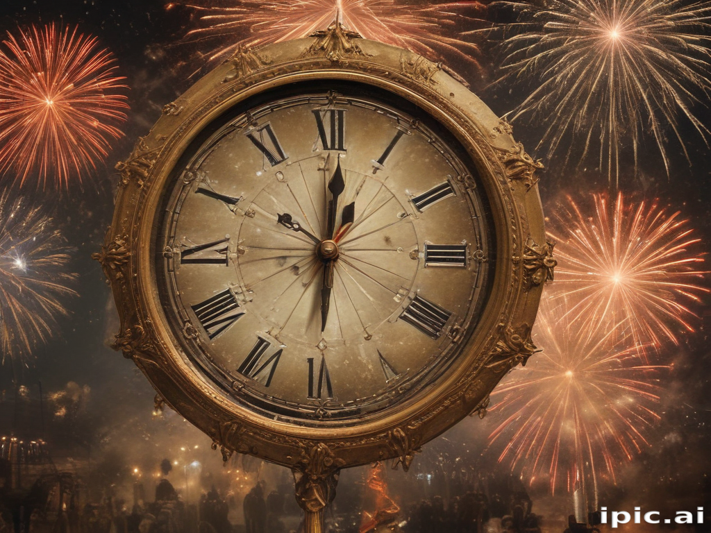 Grand Clock Surrounded by Colorful Fireworks Celebrating the New Year