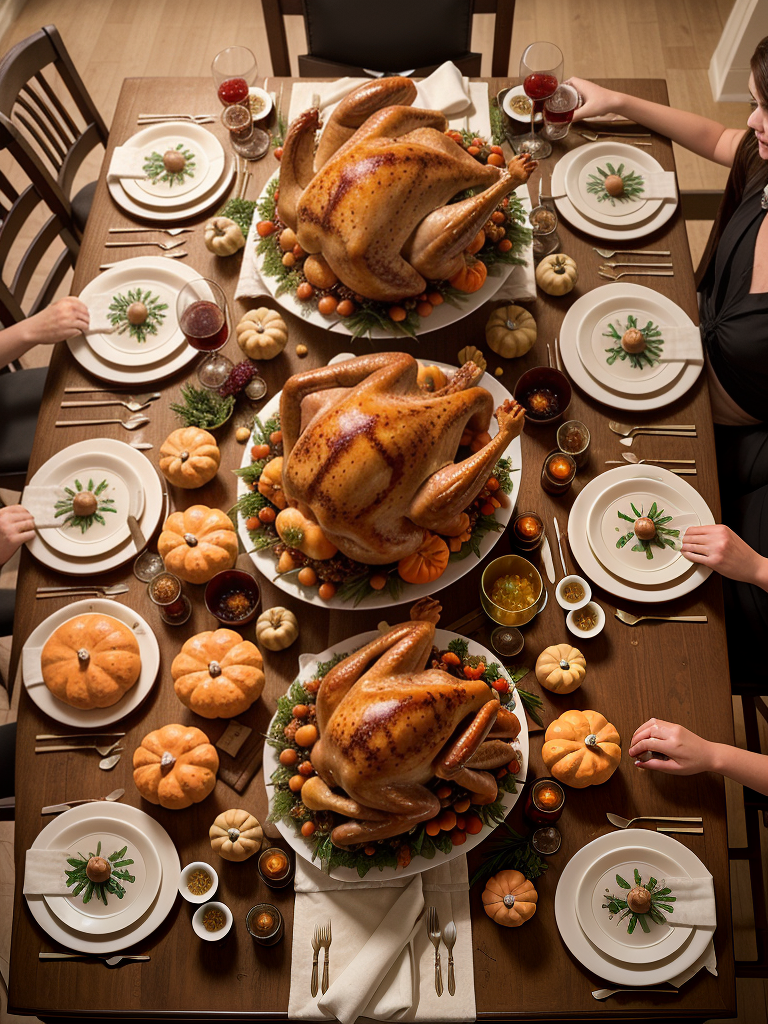 A Festive Thanksgiving Dinner Table Set with Multiple Roasted Turkeys ...