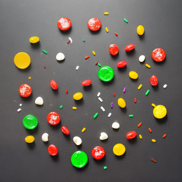 A broken plate scattered with parts and scattered candy