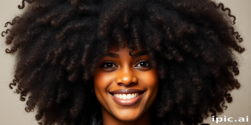 A Radiant Woman Smiling Brightly with Beautiful Voluminous Natural Hair.