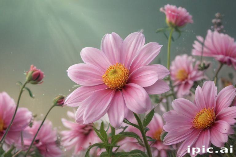 Beautiful Pink Flowers Blooming in a Serene and Luminous Garden Scene