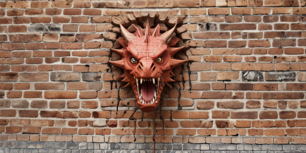 A dragons head breaking through a brick wall in the style of dripping ink