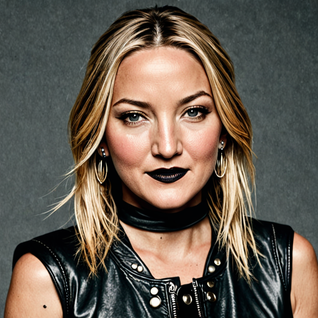 Kate Hudson at a goth club, black lether straight jacket bndage, realistic