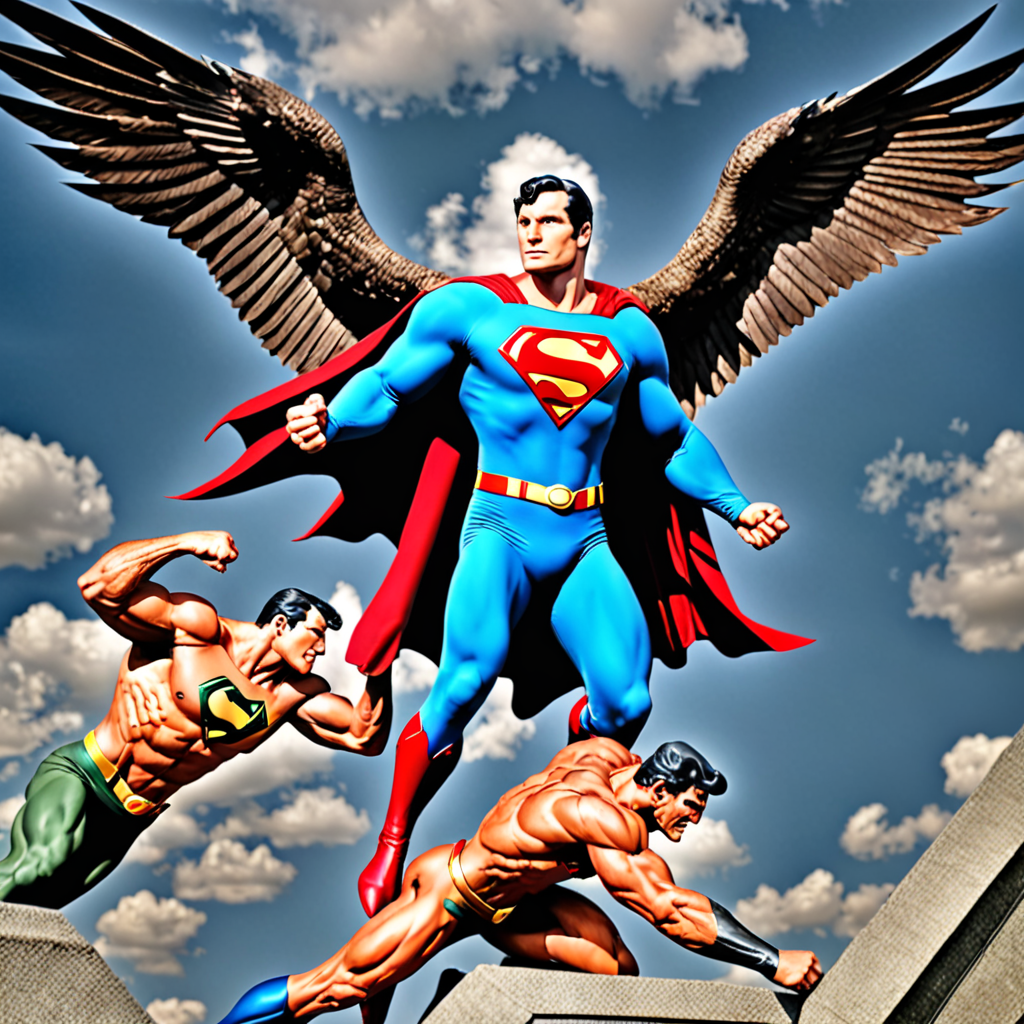 Superman fighting a Hawkman with a man's body