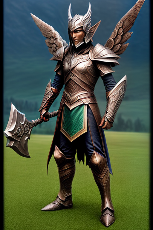Elven warrior in winged helm, ornate armor, flowing halberd weapon ...