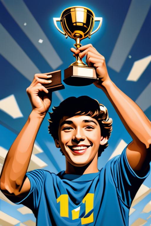 belief, high self esteem, trophy, pop art students smiling in victory ...