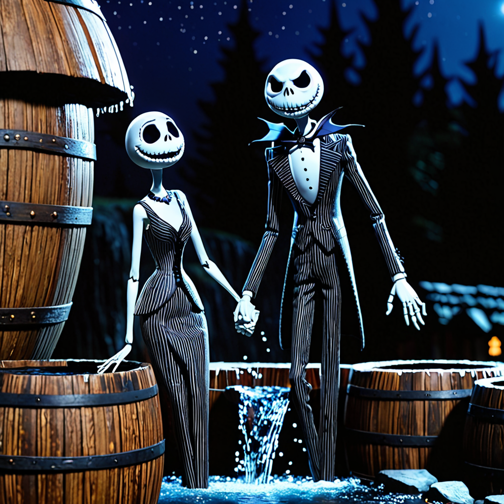 jack skellington and sally going over a waterfall in a barrel at night ...
