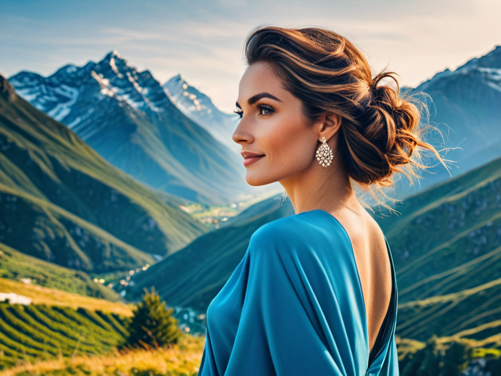 Pretty woman happily looking over her shoulder positioned to the side ...