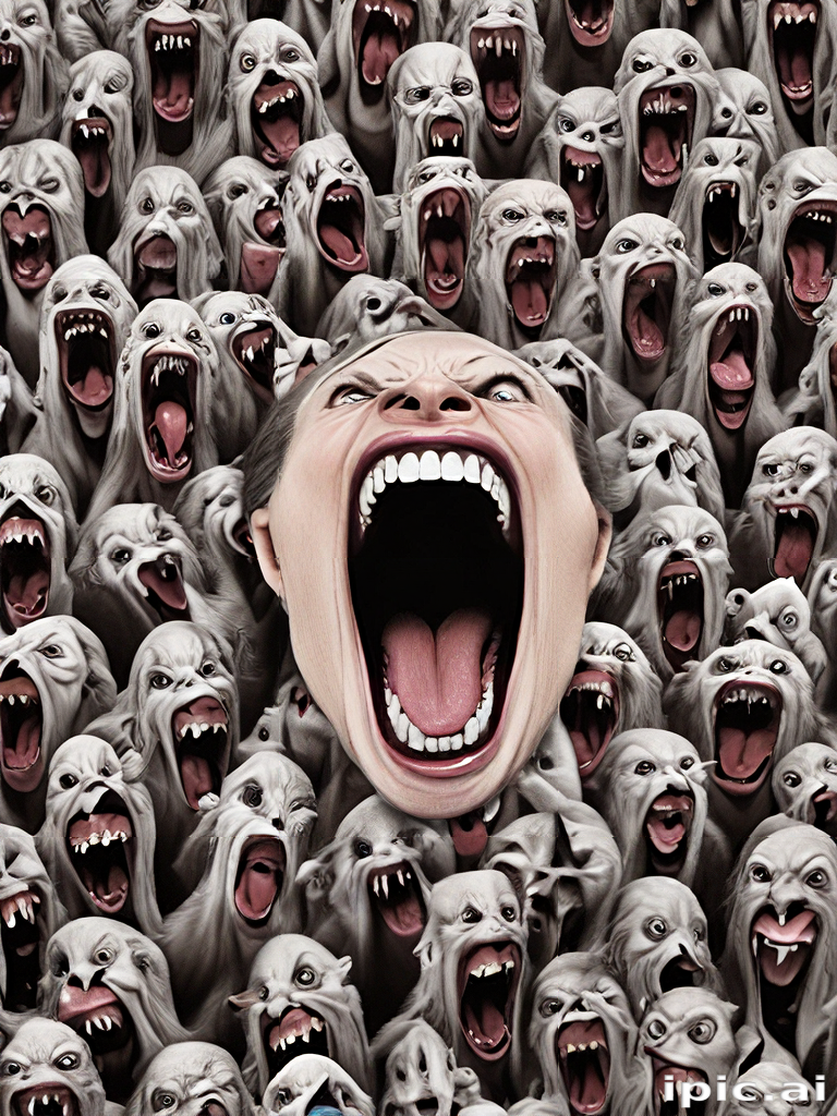Chaos of Voices: A Frenzied Crowd of Screaming Faces and Beasts
